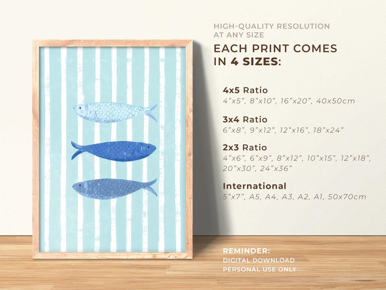 Blue Fish Print, Coastal Marine Life Illustration, Beach House Decor ...
