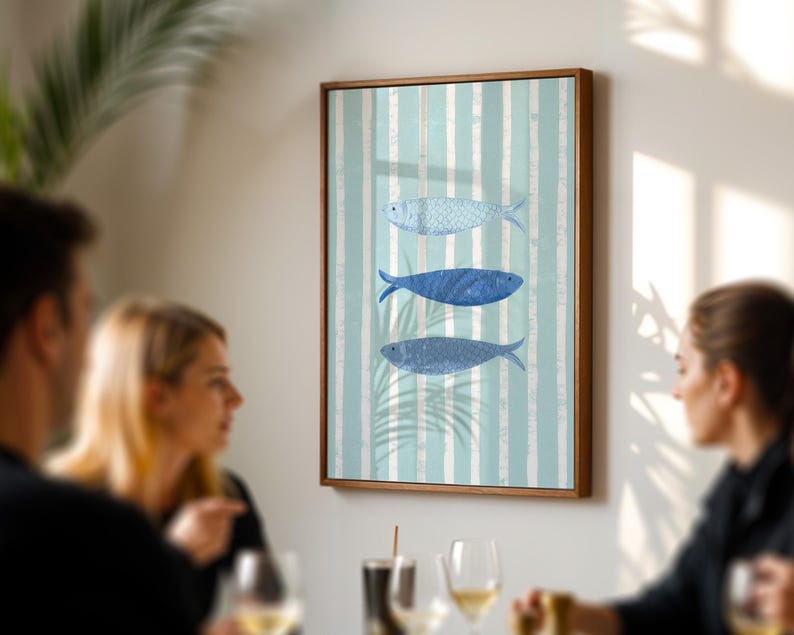 Blue Fish Print, Coastal Marine Life Illustration, Beach House Decor ...