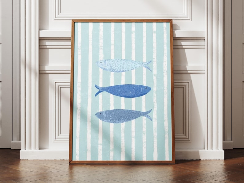 Blue Fish Print, Coastal Marine Life Illustration, Beach House Decor ...