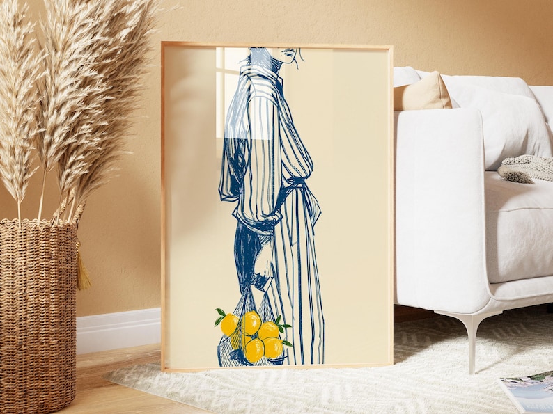 Lemon Kitchen Art, Blue Line Woman Fashion Print, Mediterranean Sketch ...