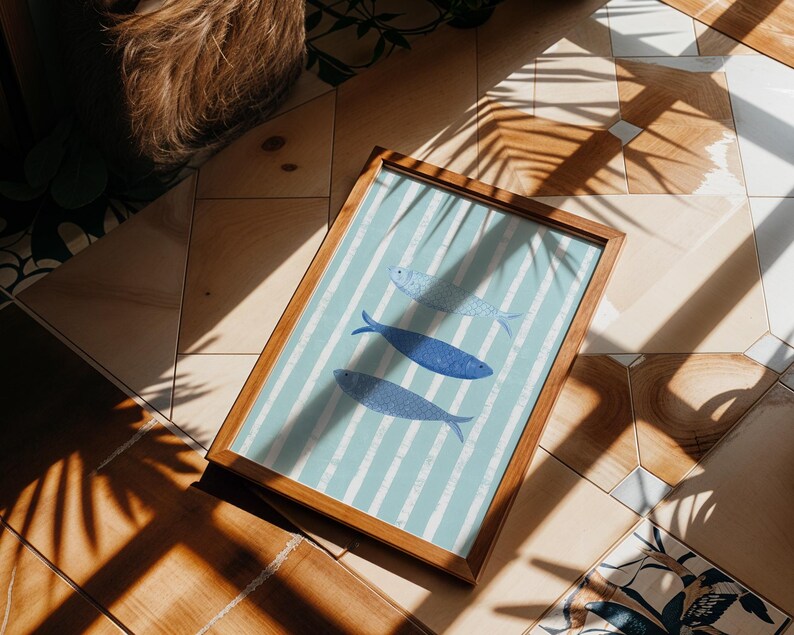 Blue Fish Print, Coastal Marine Life Illustration, Beach House Decor ...