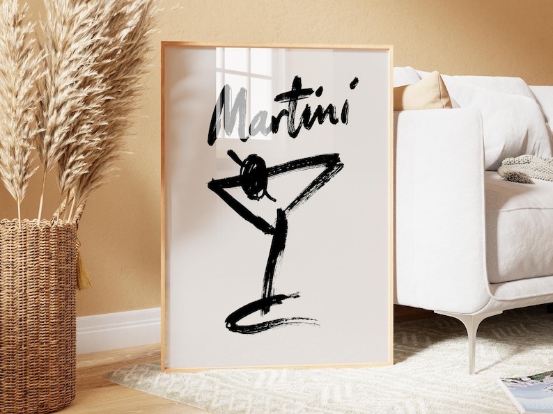 Martini Print, Black and White Cocktail Art, Minimalist Calligraphy ...