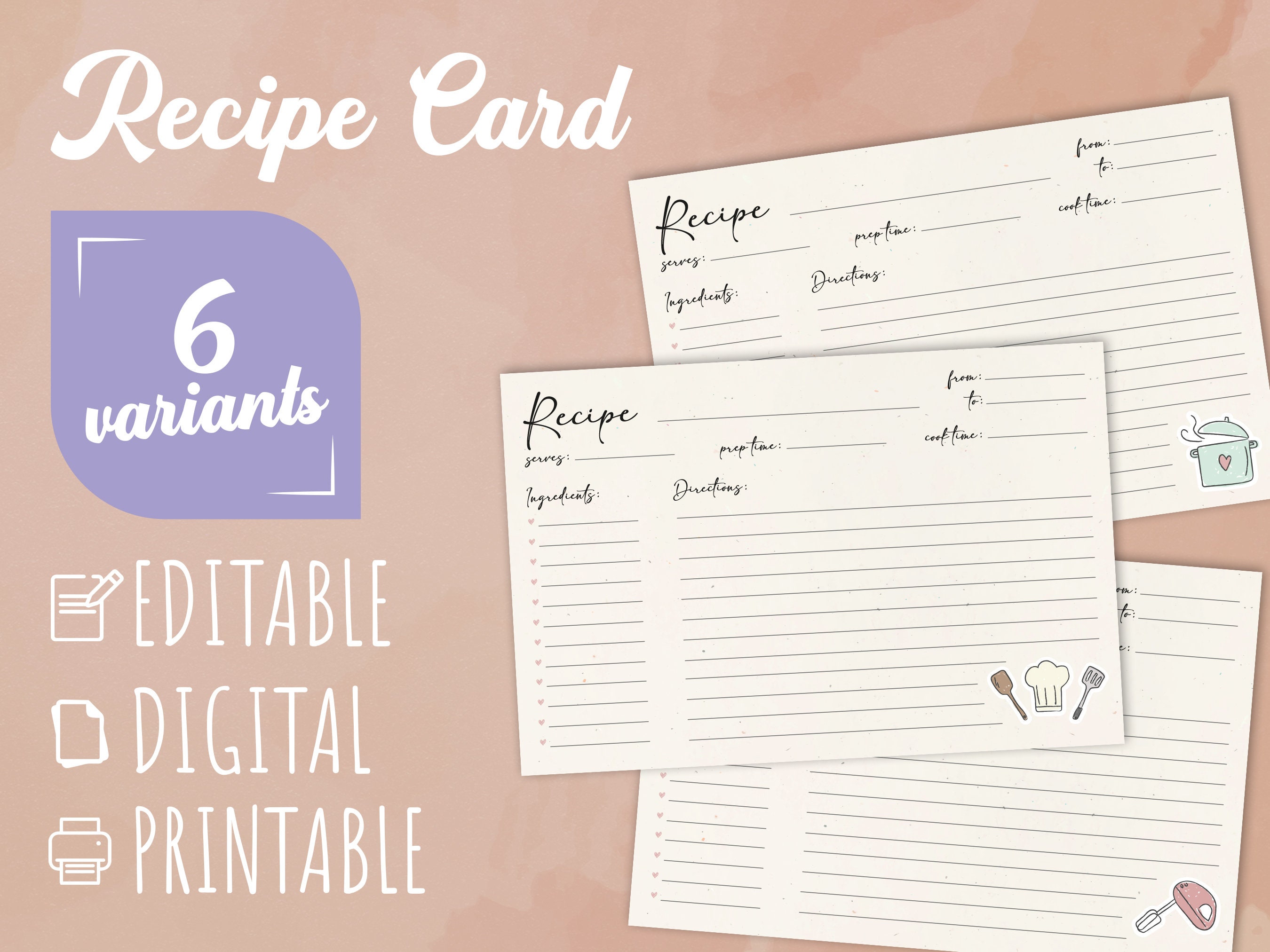 Editable Printable Recipe Card Template Simple Recipe Card Editable ...