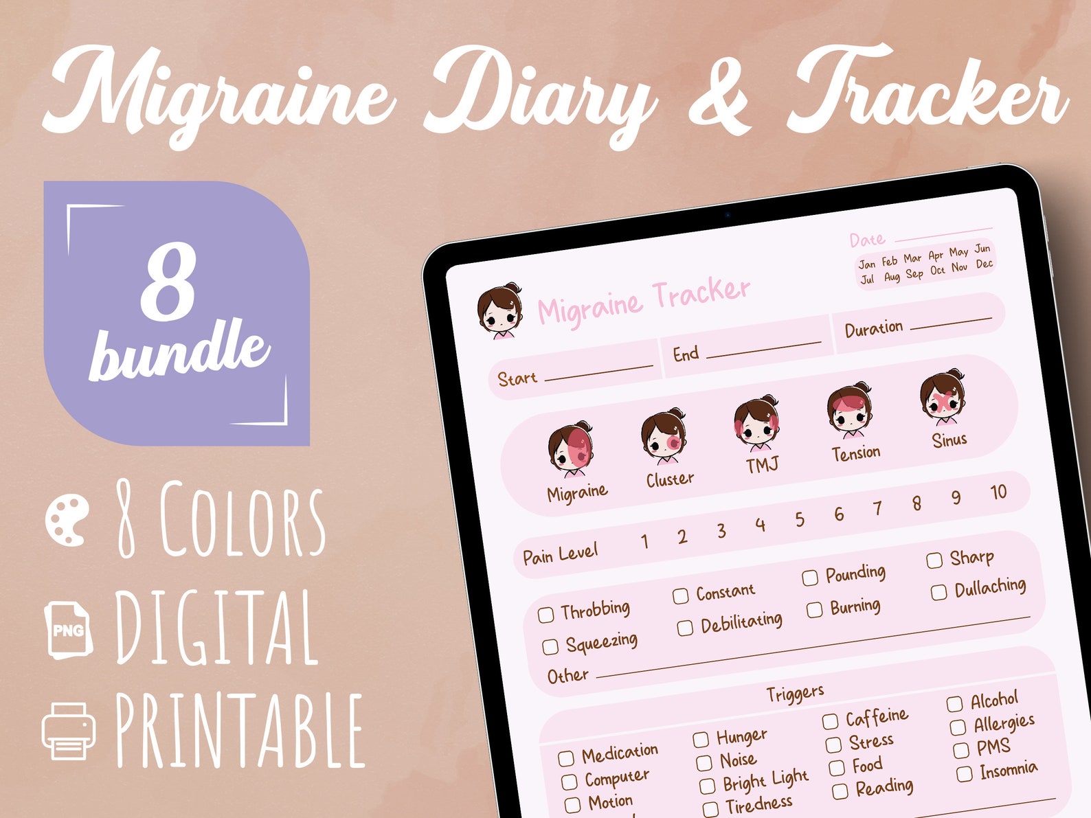 Migraine Tracker Printable Migraine Journal Headache Log Chronic Pain Tracker Health Insert ...