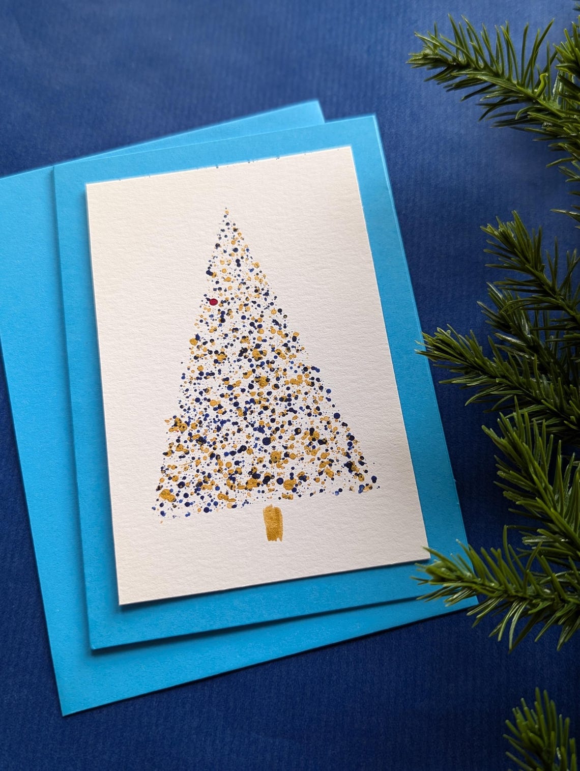 Handmade Christmas Tree Card, Minimalist Holiday Greeting Card, Blue ...