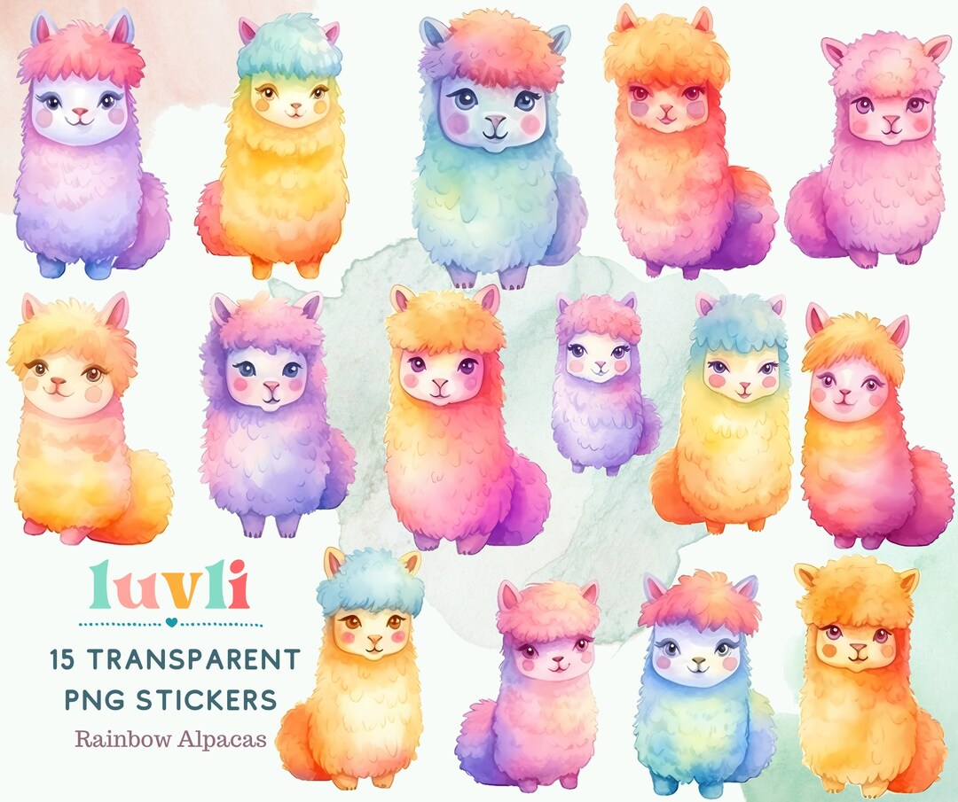 Rainbow Alpaca Digital Stickers - Set of 15 Transparent Pngs ...