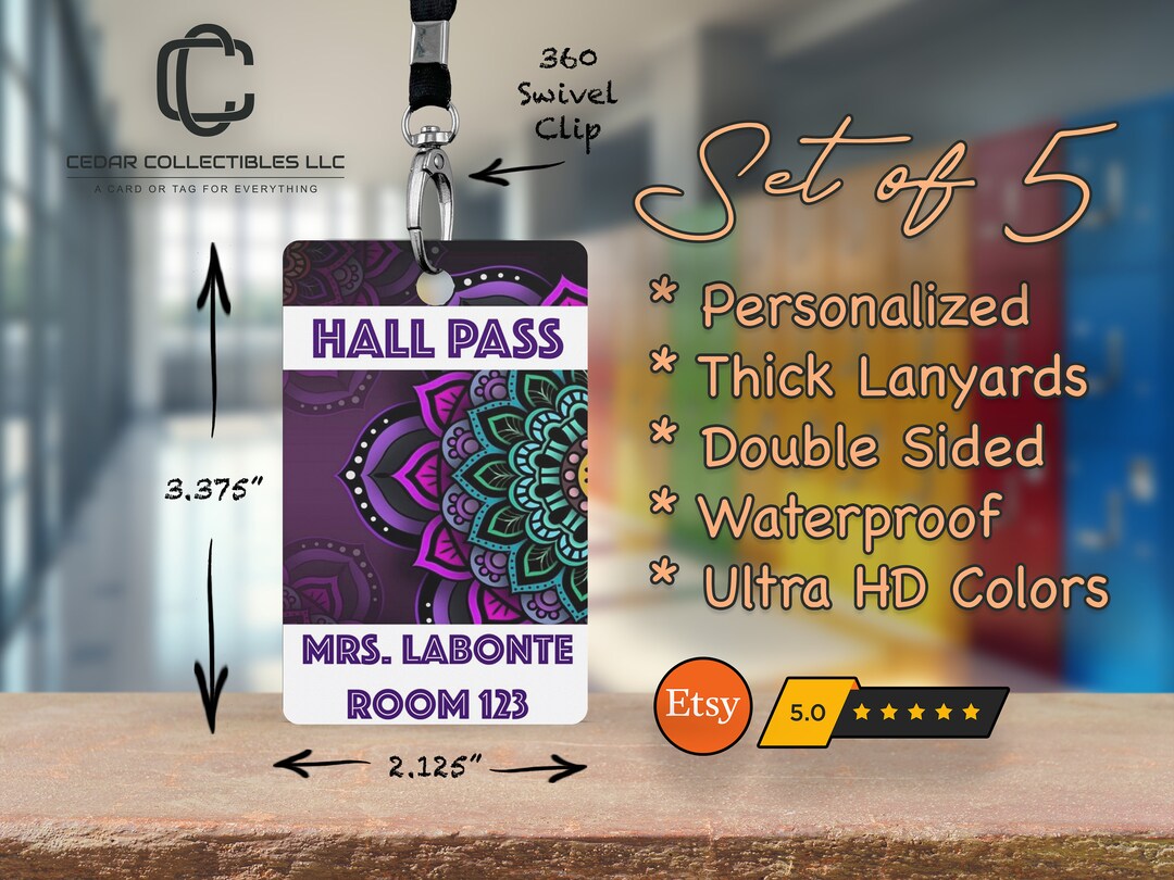 Student Hall Pass Set of 5 Teacher Hall Pass Custom Classroom Gift High ...