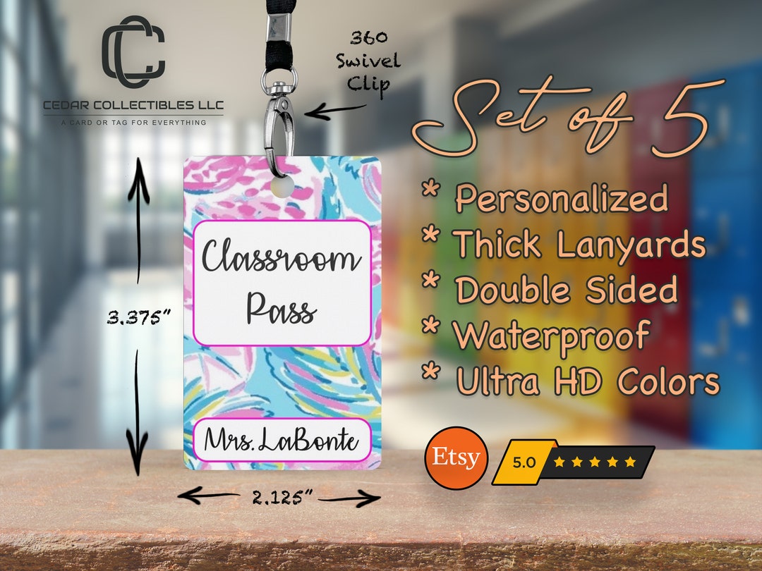Personalized Hall Passes With Lanyard: Set of 5 Teacher Classroom ...