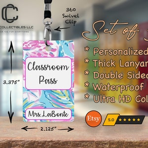 Personalized Hall Passes With Lanyard: Set of 5 Teacher Classroom ...