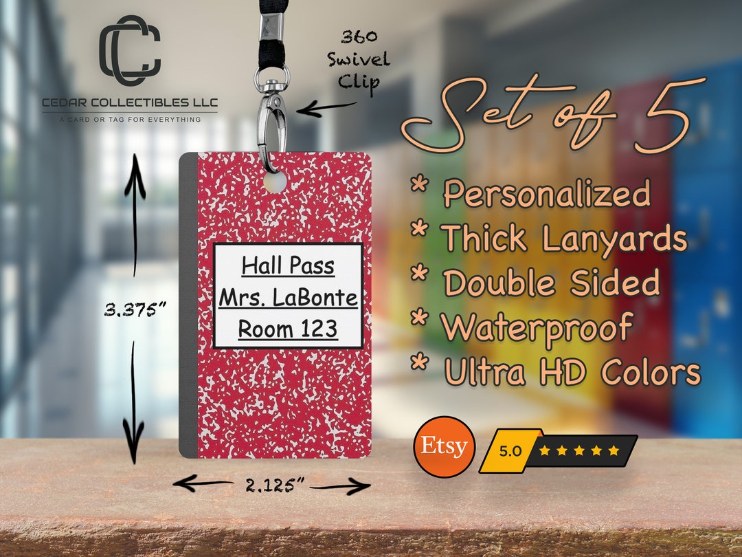 Student Hall Pass Set of 5 Teacher Hall Pass Custom Classroom Gift High ...