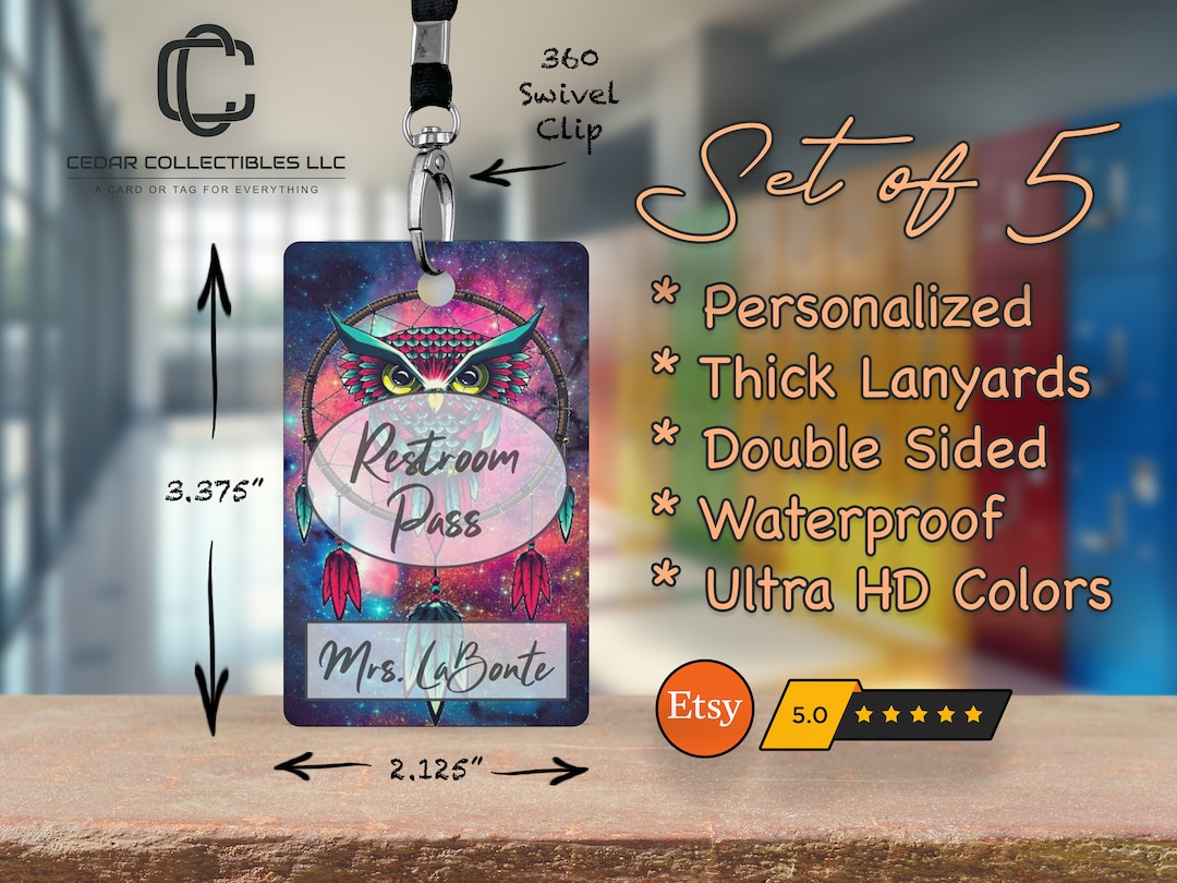 Set of 5 Hall Pass Student NEON OWL BOHO Pass Restroom Passes Teacher ...