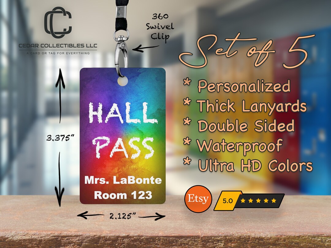 Student Hall Pass Set of 5 Teacher Hall Pass Custom Classroom Gift High ...