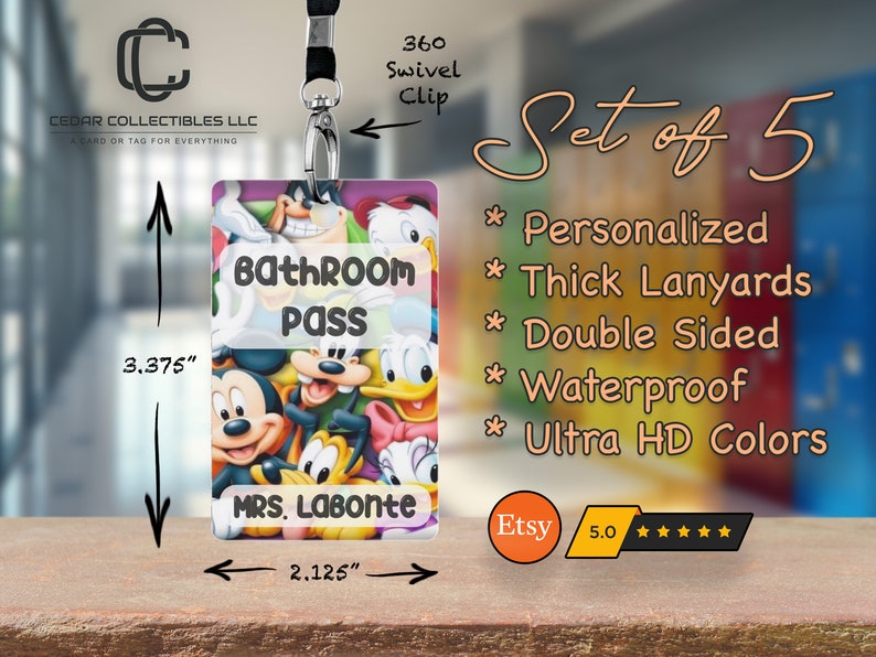 Disney Hall Pass With Lanyard, Set of 5, Personalized Restroom Pass ...