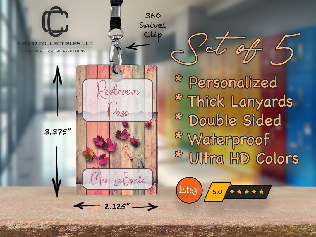 Set of 5 Hall Pass Student Pass Restroom Passes Teacher Hallway Passes ...