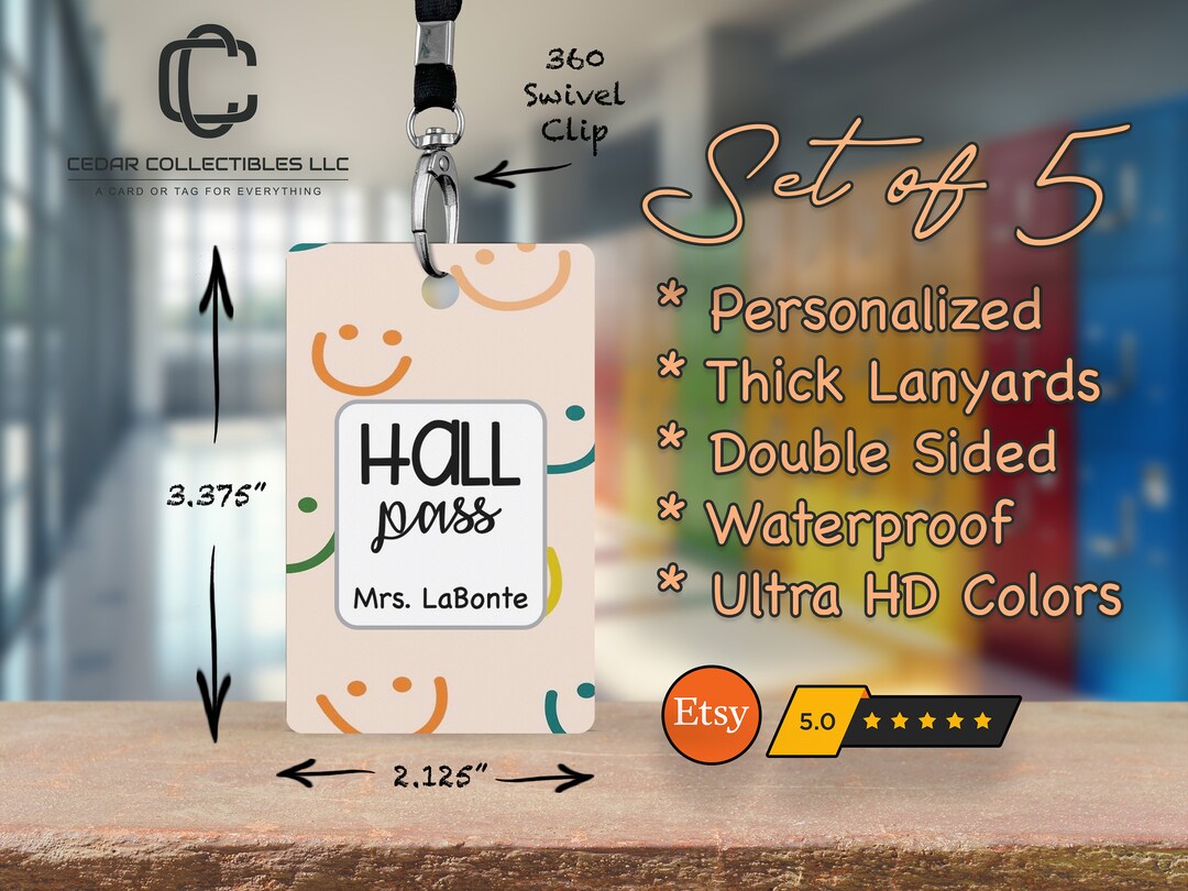 Set of 5 Hall Pass Student Pass Restroom Passes Teacher Hallway Passes ...