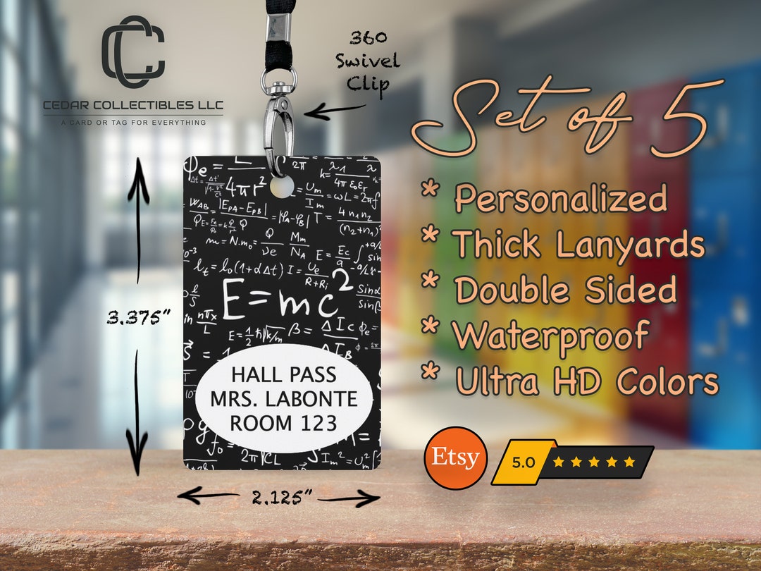 Student Hall Pass Set of 5 Teacher Hall Pass Custom Classroom Gift High ...