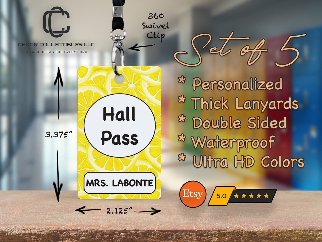 Lemon Hall Pass Set: Personalized Teacher Restroom Passes With Lanyard ...