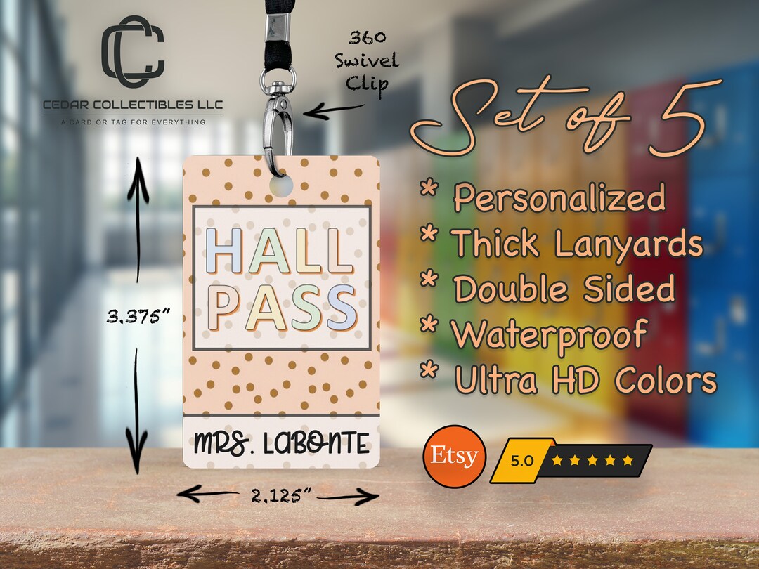 Personalized Boho Hall Passes for Teachers: Set of 5 With Lanyards #126 ...