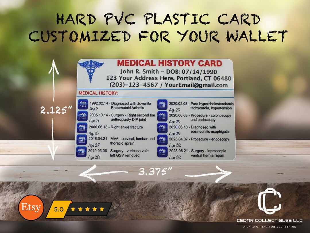 WHITE Medical History Card for Wallet Size Card ID Bracelet Medical ...