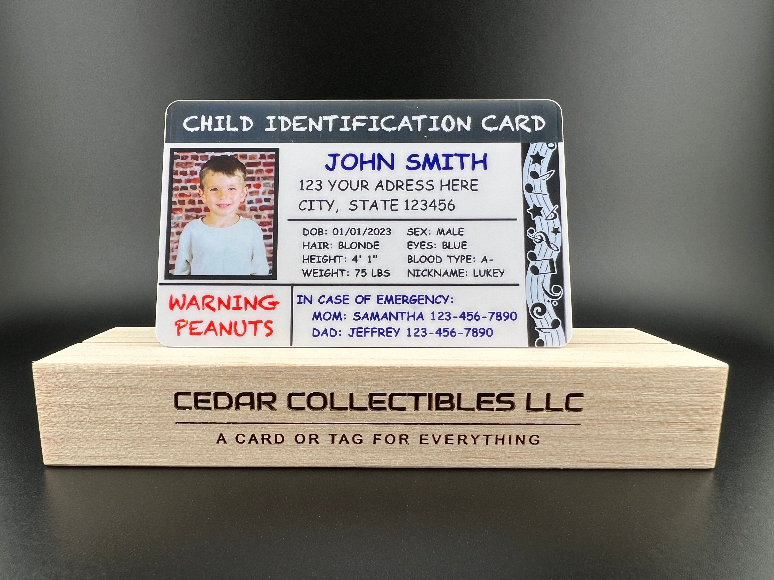 Custom ID Badge Child Identification Card Black MUSIC Note Variation ...