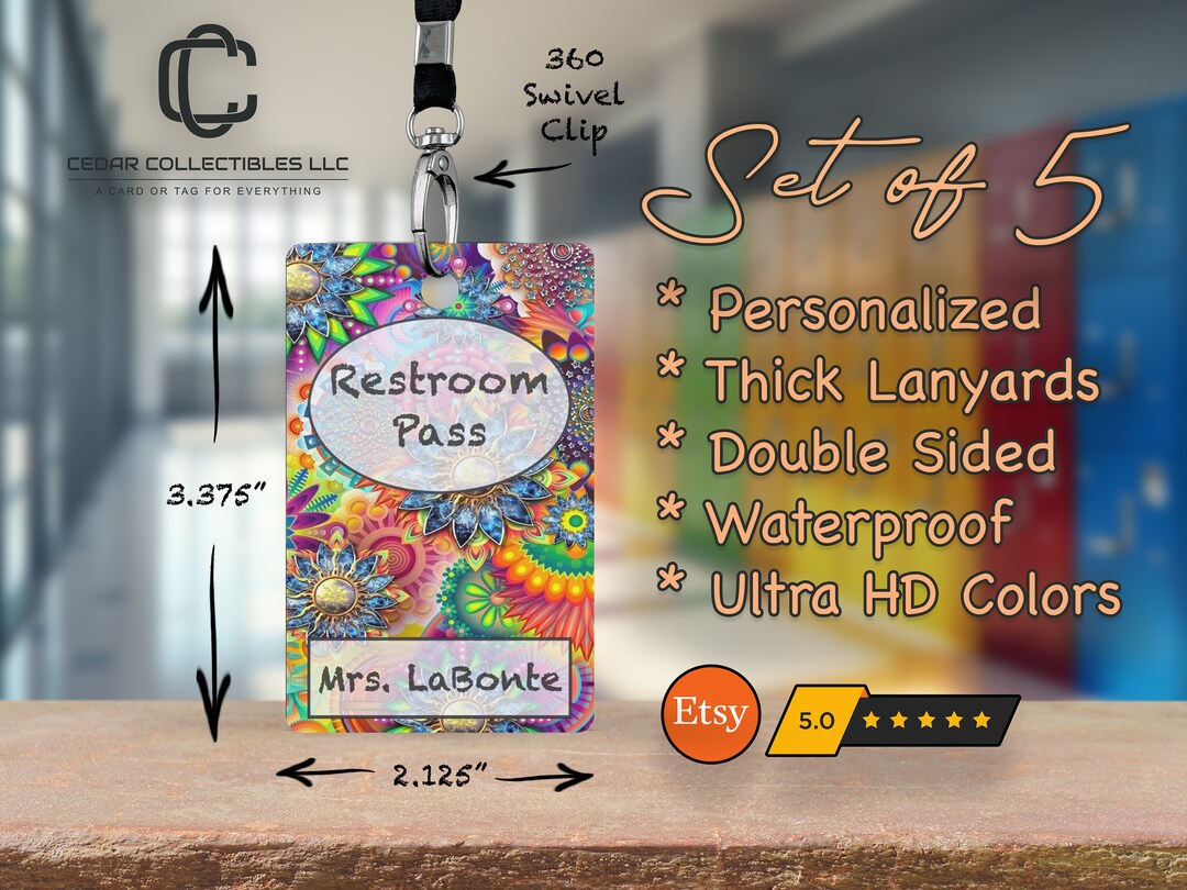 Set of 5 Hall Pass Student Pass Restroom Passes Teacher Hallway Passes ...