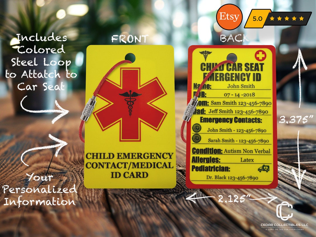 Child Car Seat Emergency ID Card: Safety Information Tag #900 - Etsy