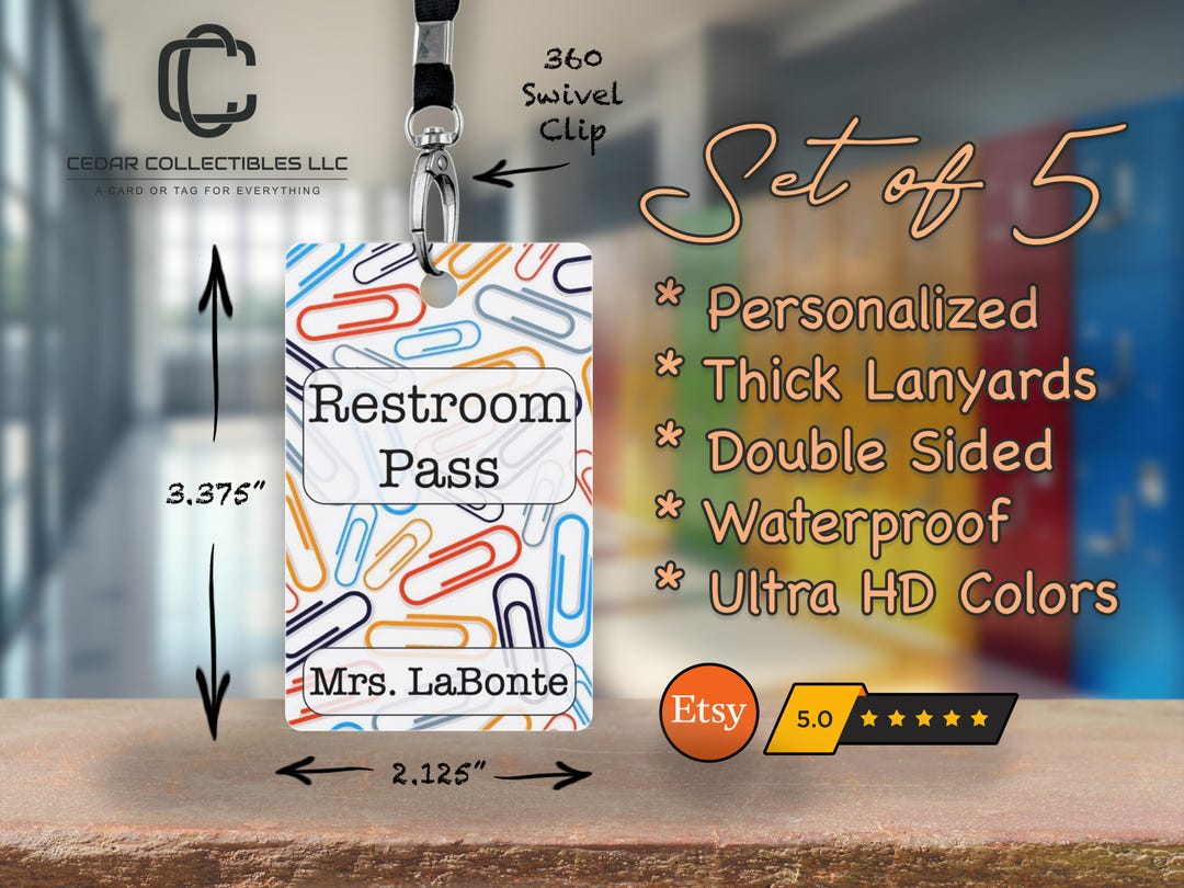 Set of 5 Hall Pass Student Pass Restroom Passes Teacher Hallway Passes ...