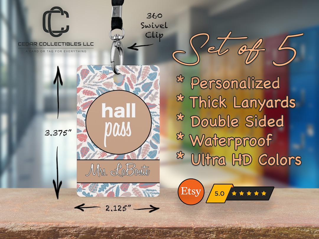 Set of 5 Student Hall Pass Library Pass Bathroom Pass Restroom Pass ...