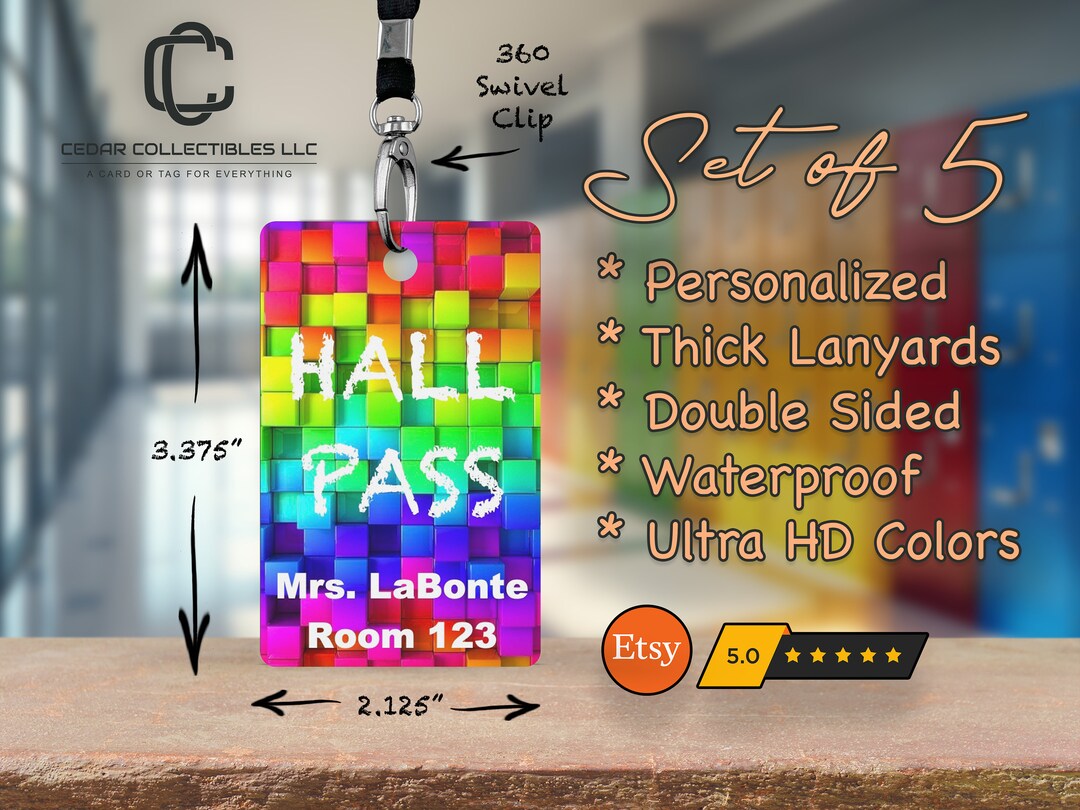 Student Hall Pass Set of 5 Teacher Hall Pass Custom Classroom Gift High ...