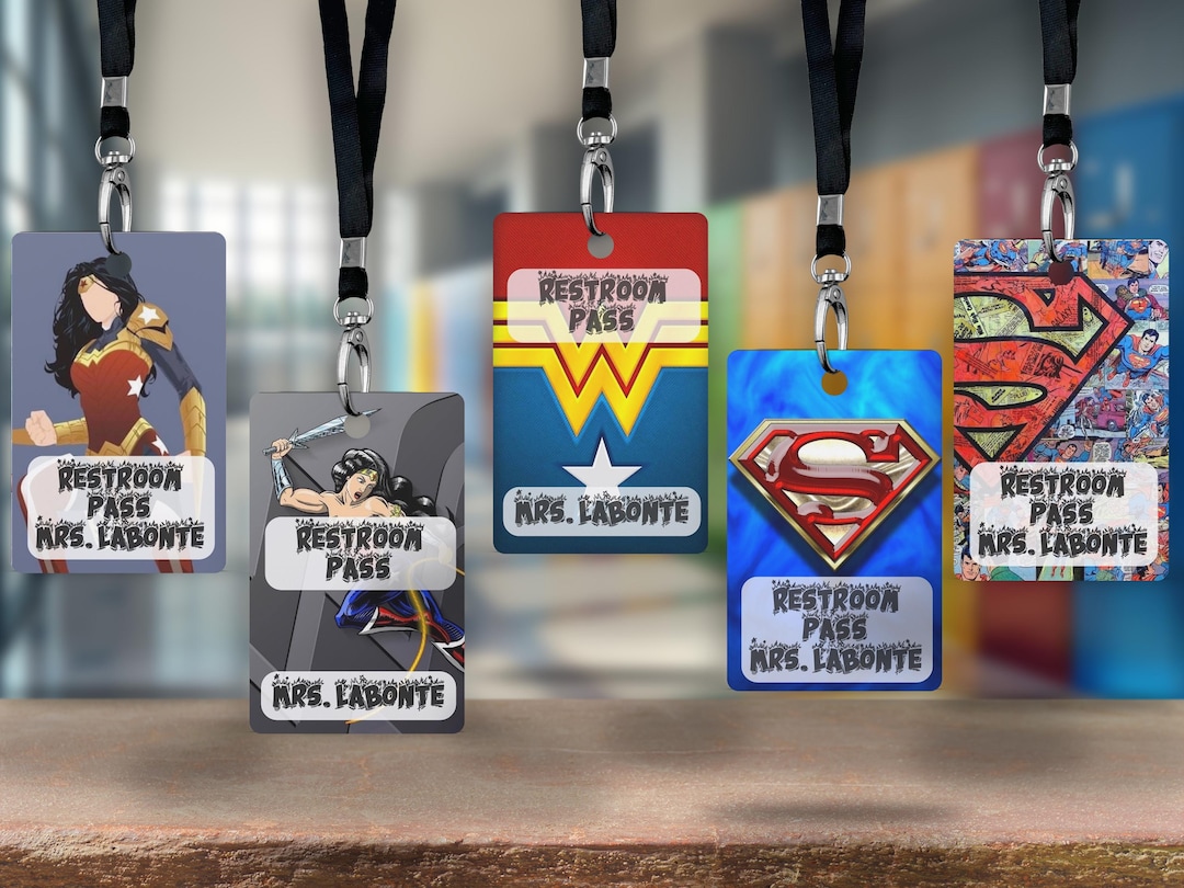 Set of 5 Superman & Wonder Woman Hall Pass Student Pass Restroom Passes ...