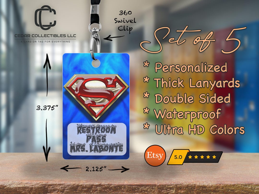 Set of 5 Superman Hall Pass Student Pass Restroom Passes Teacher ...