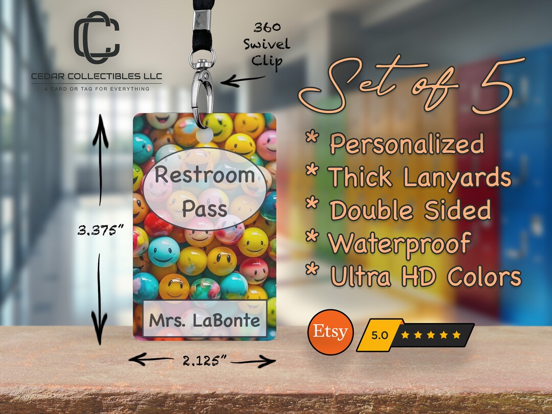 Personalized Hall Pass Set of 5: School Restroom Passes With Lanyard - Etsy