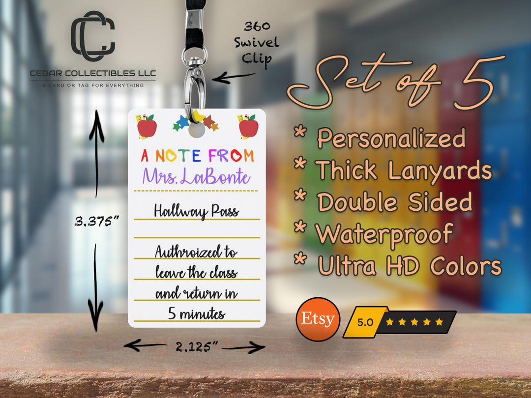 Personalized Hall Passes: Apple Theme, Set of 5 With Lanyards - Etsy