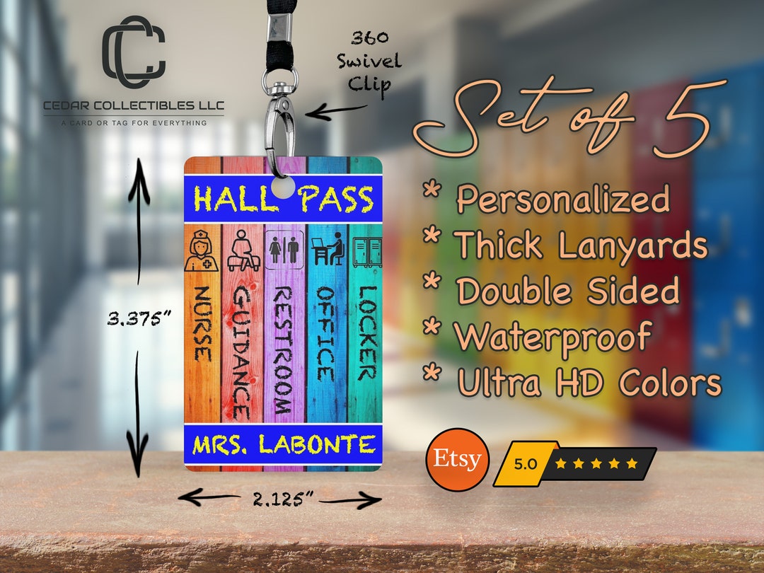 Student Hall Pass Set of 5 Teacher Hall Pass Custom Classroom Gift High ...