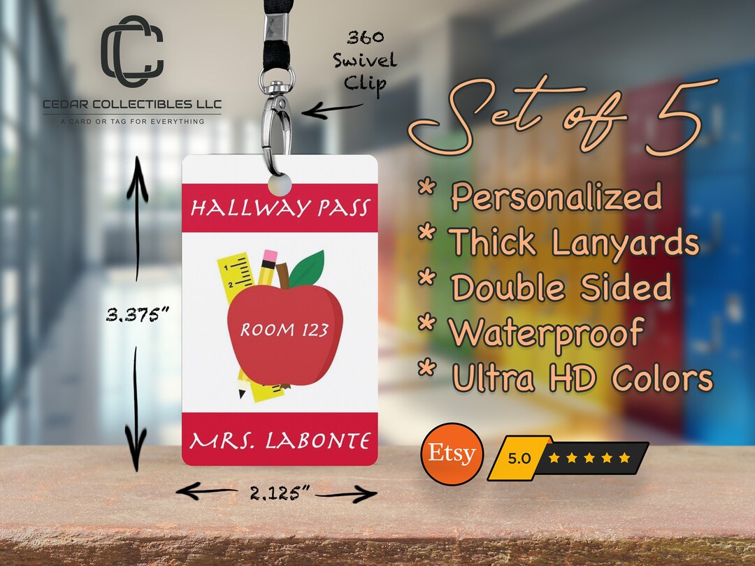 Student Hall Pass Set of 5 Teacher Hall Pass Custom Classroom Gift High ...
