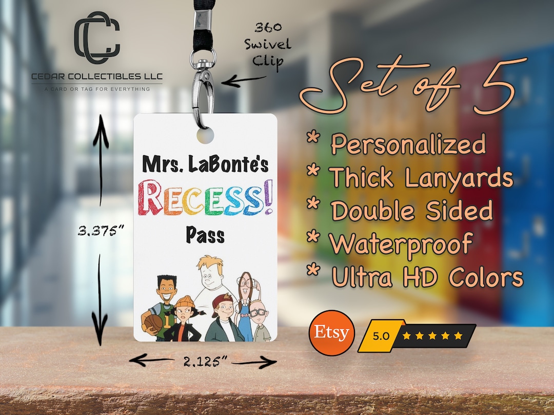 Set of 5 Student Hall Pass for Teacher ID Hallway Passes RECESS Theme ...