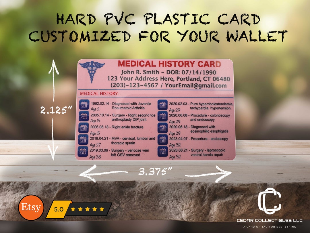 PINK Medical History Card for Wallet Size Card ID Bracelet Medical ...