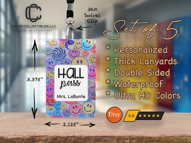 Set of 5 Hall Pass Student Pass Restroom Passes Teacher Hallway Passes ...