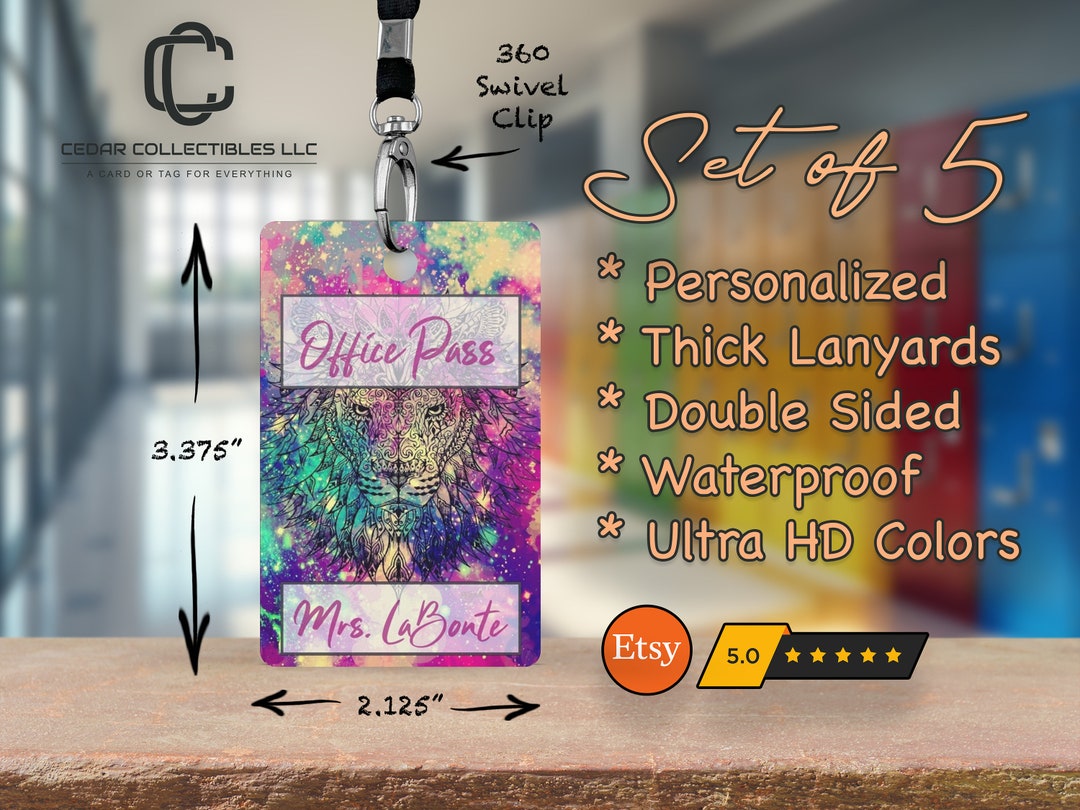 Personalized Hall Pass Set: Neon Lion Boho Teacher Passes With Lanyard ...