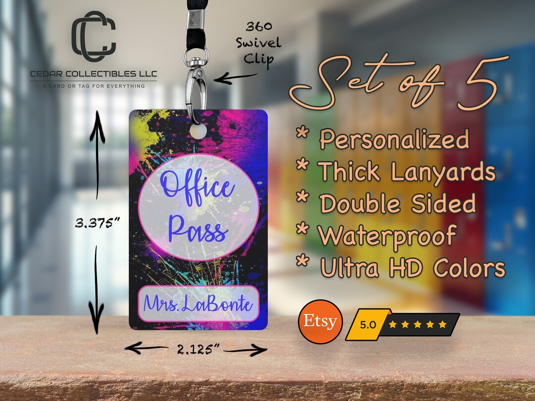 Personalized Hall Passes: Set of 5, Neon Tie Dye, Lanyards Included - Etsy