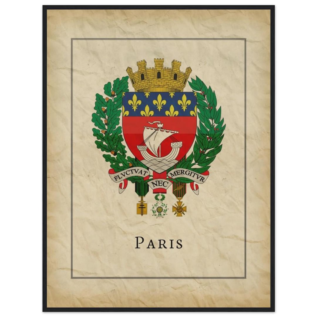 Coat of Arms Paris France on Old Paper - Poster With Wooden Frame or ...