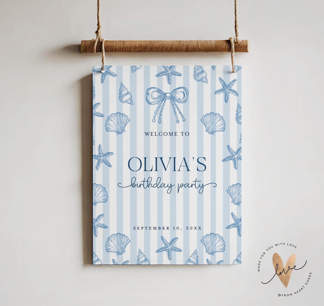 Coquette Blue Shell Birthday Welcome Sign, Seashells Birthday Sign, Sea ...