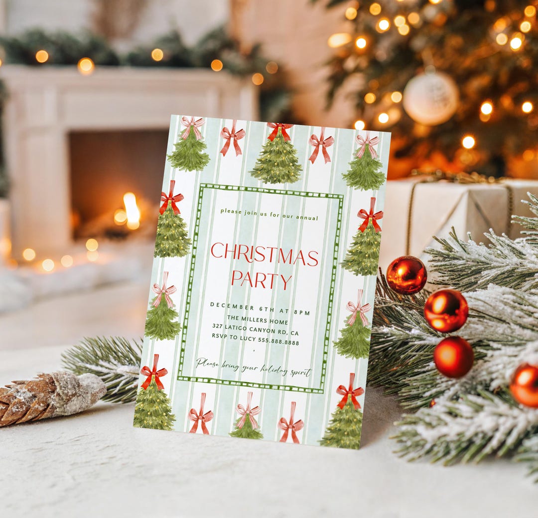 Christmas Tree Party Invitation, Whimsical Bow Editable Christmas ...