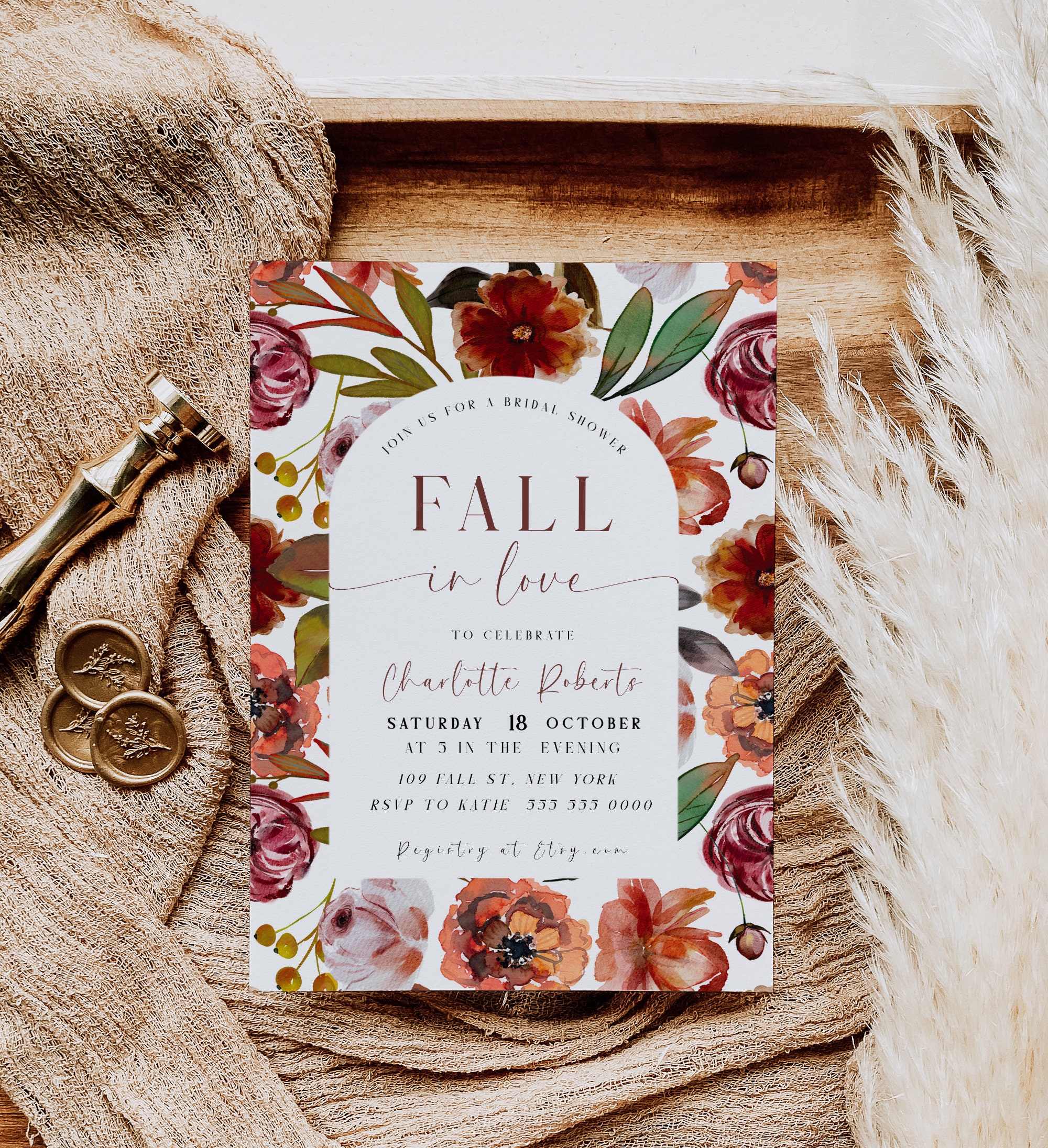 Fall in Love Bridal Shower Invitation Fall Bridal Shower Watercolor ...
