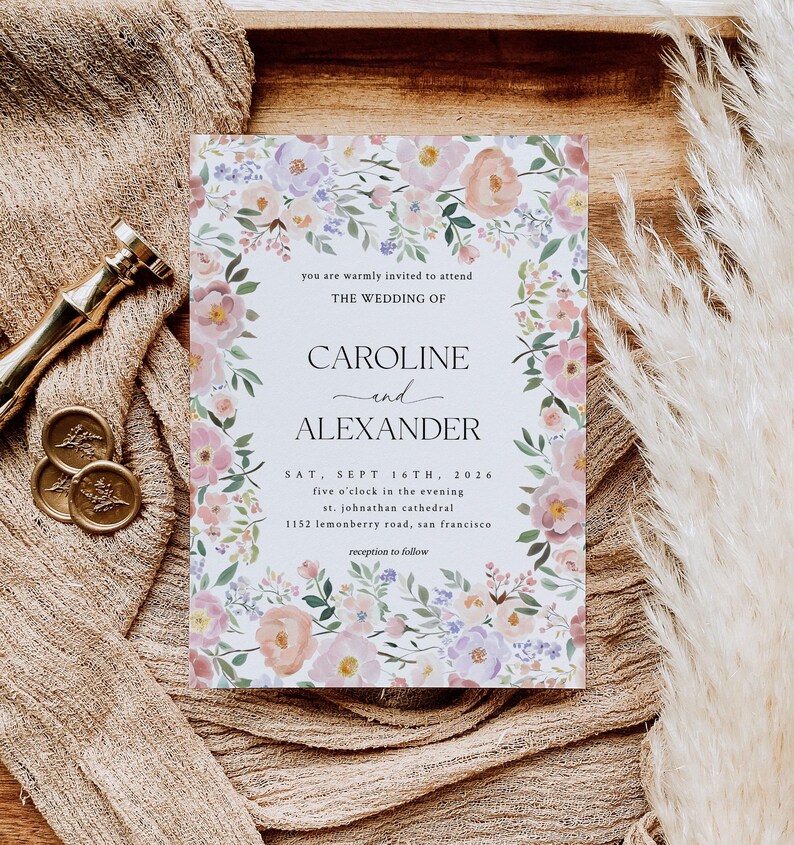 Spring Floral Wedding Invitation Set, Watercolor Pastel Flowers ...