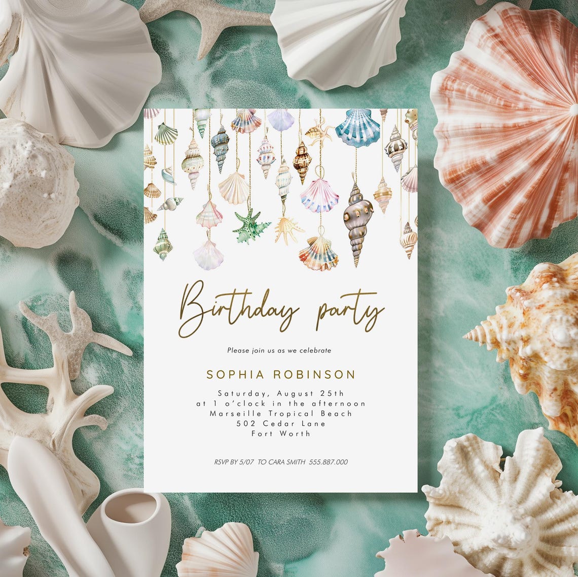 Coastal Seashell Birthday Party Invitation: Gold Whimsical Design ...