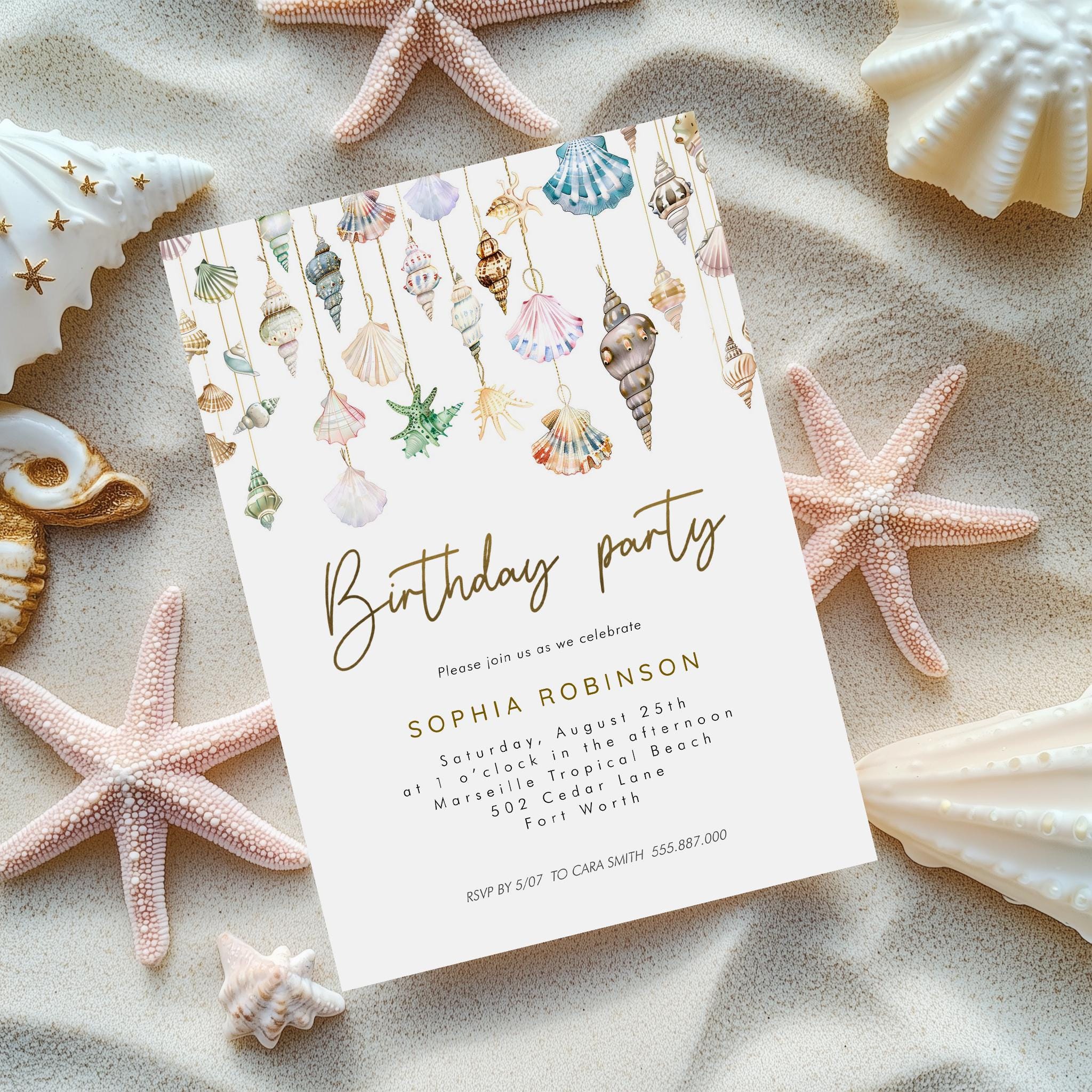 Coastal Birthday Party Invitation, Seashells Birthday Invitation, Sea ...