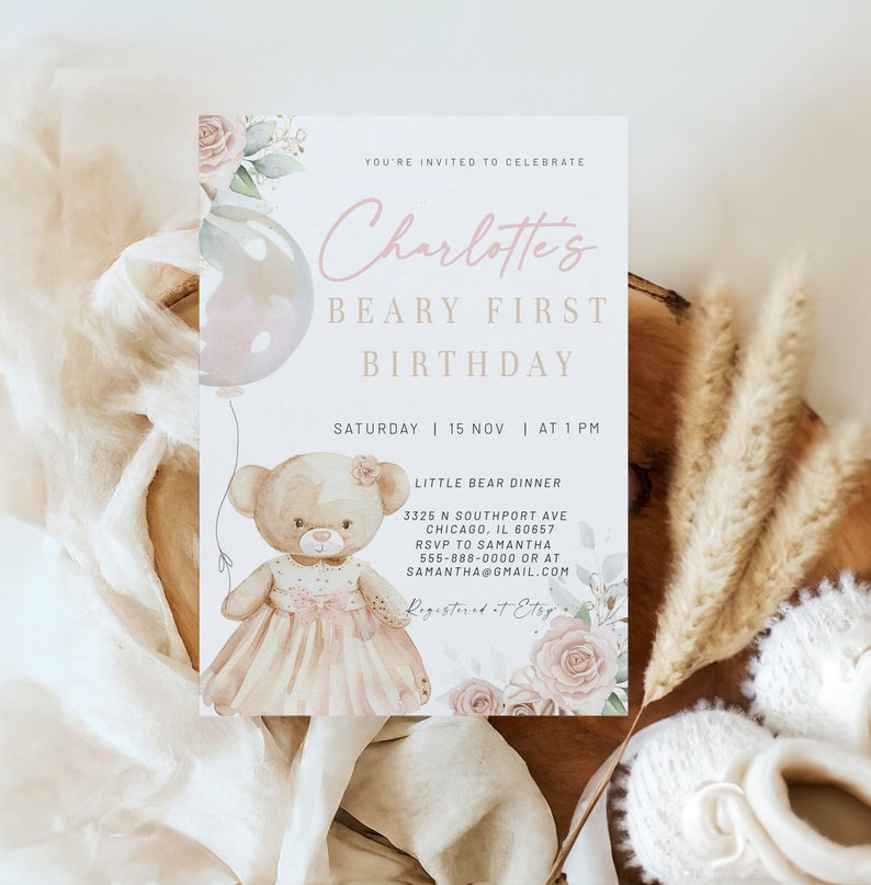 Beary First Birthday Baby Invitation Template 1st Birthday Teddy Bear ...