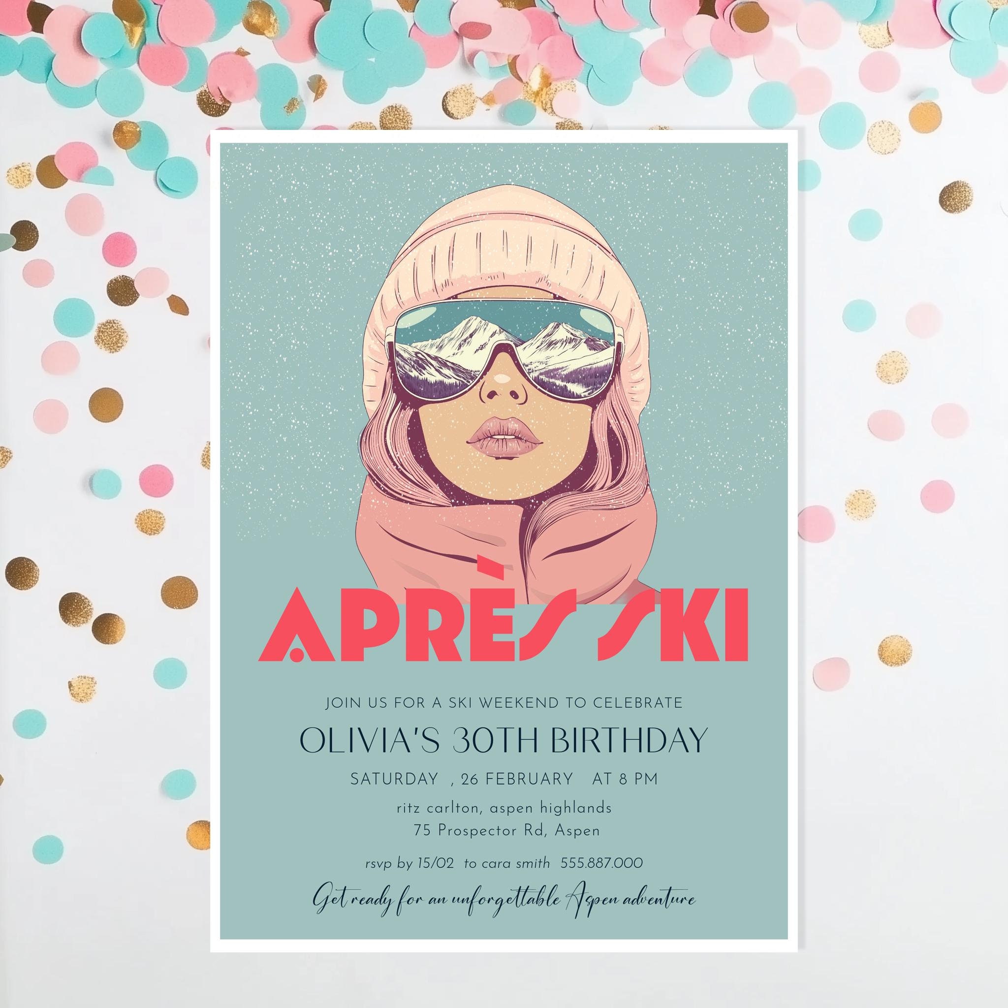 Apres-ski Birthday Invitation Template | Retro Ski Party Invite ...