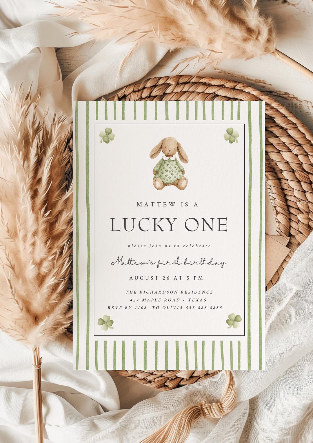 Lucky One First Birthday Invitation, Bunny First Birthday Invite, Green ...